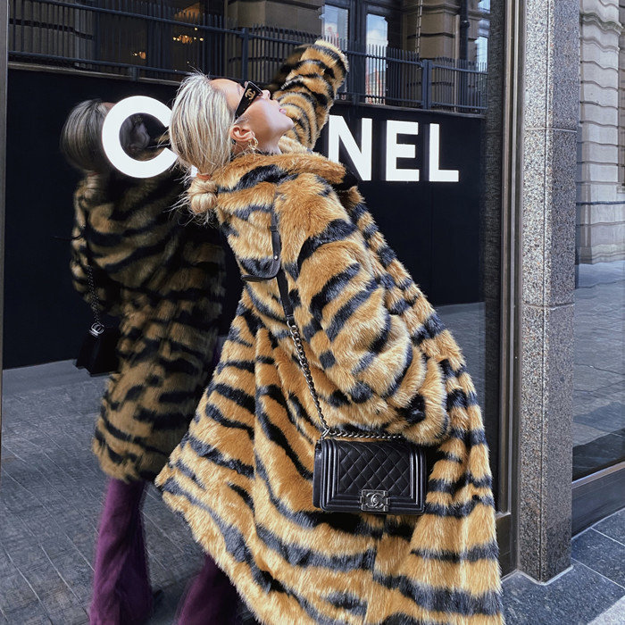 Faux Tiger Fur Coat, Exotic Animal Print Coat Womens's Long Coat, Women ...