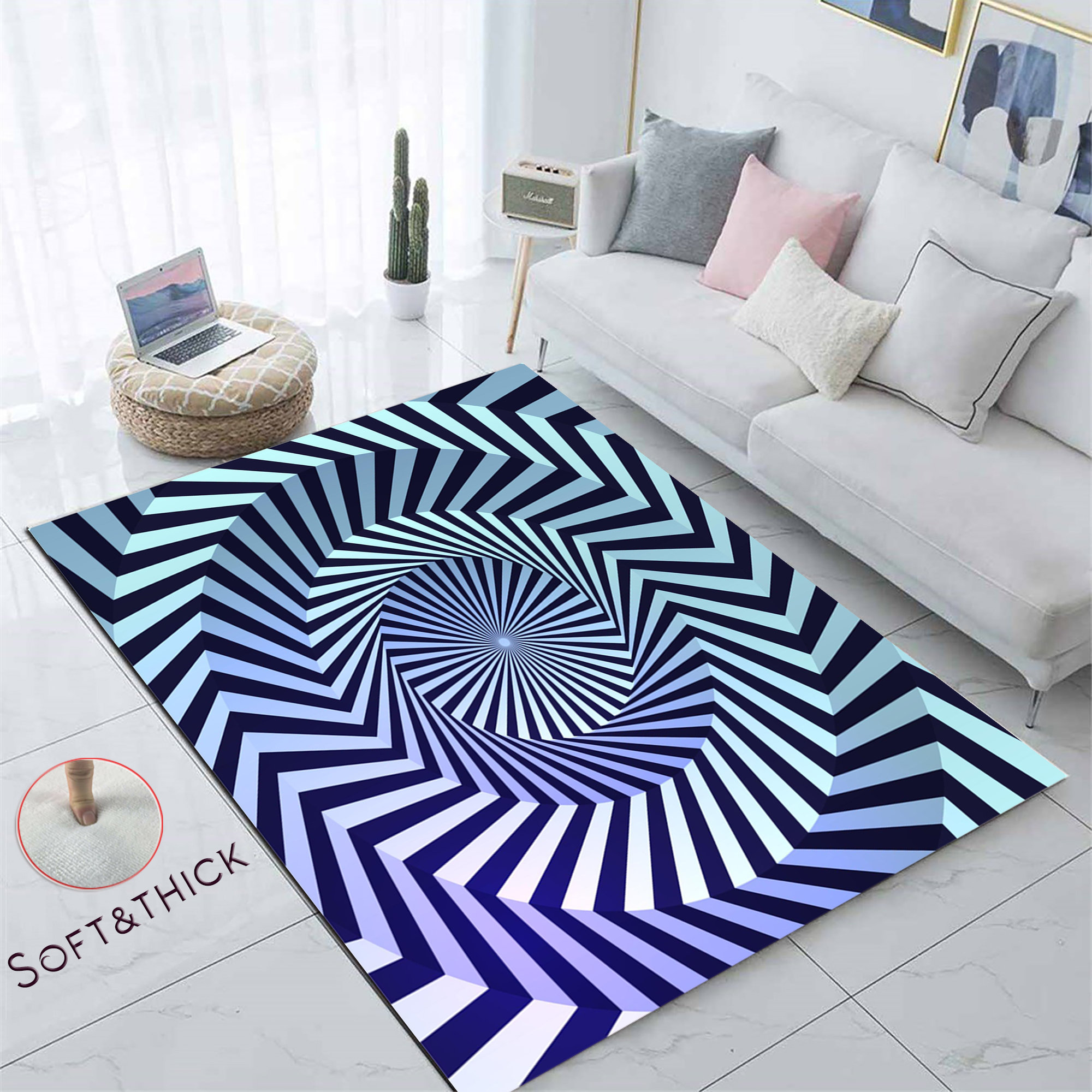 Realistic, Optical, Illusion, Vortex Rug, Black White Spiral, 3D Vortex ...