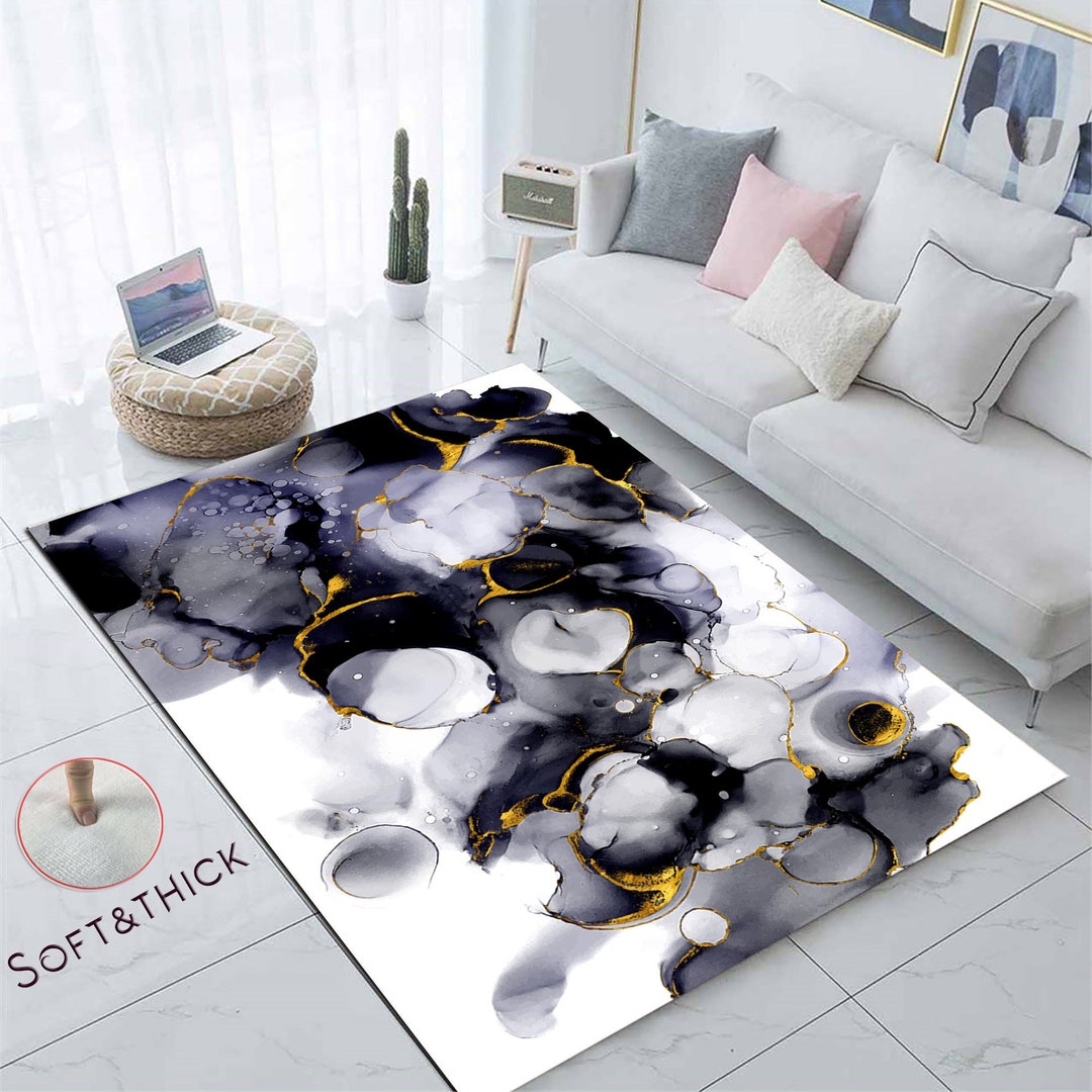 Dynamic Rug, Golden Look Black Marble Area Rug, Abstract Floor Mat ...