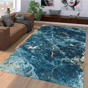 Blue Gold Marble, Royal Blue Marble Area Rug, Abstract Floor Mat, Home ...
