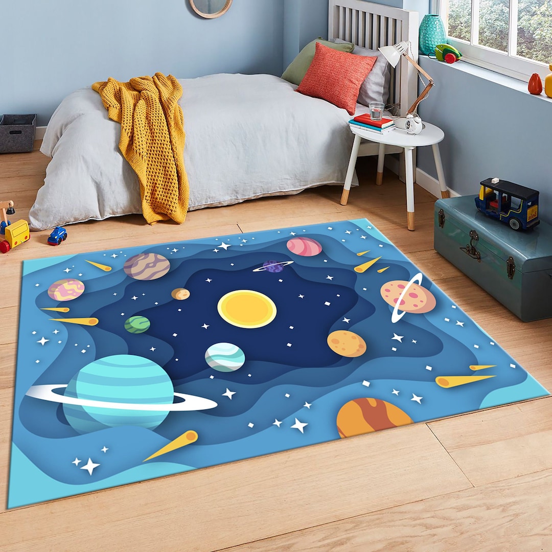 Nursery Rug, Gift for Him, Cartoon Space Planet, Child Room Rug ...