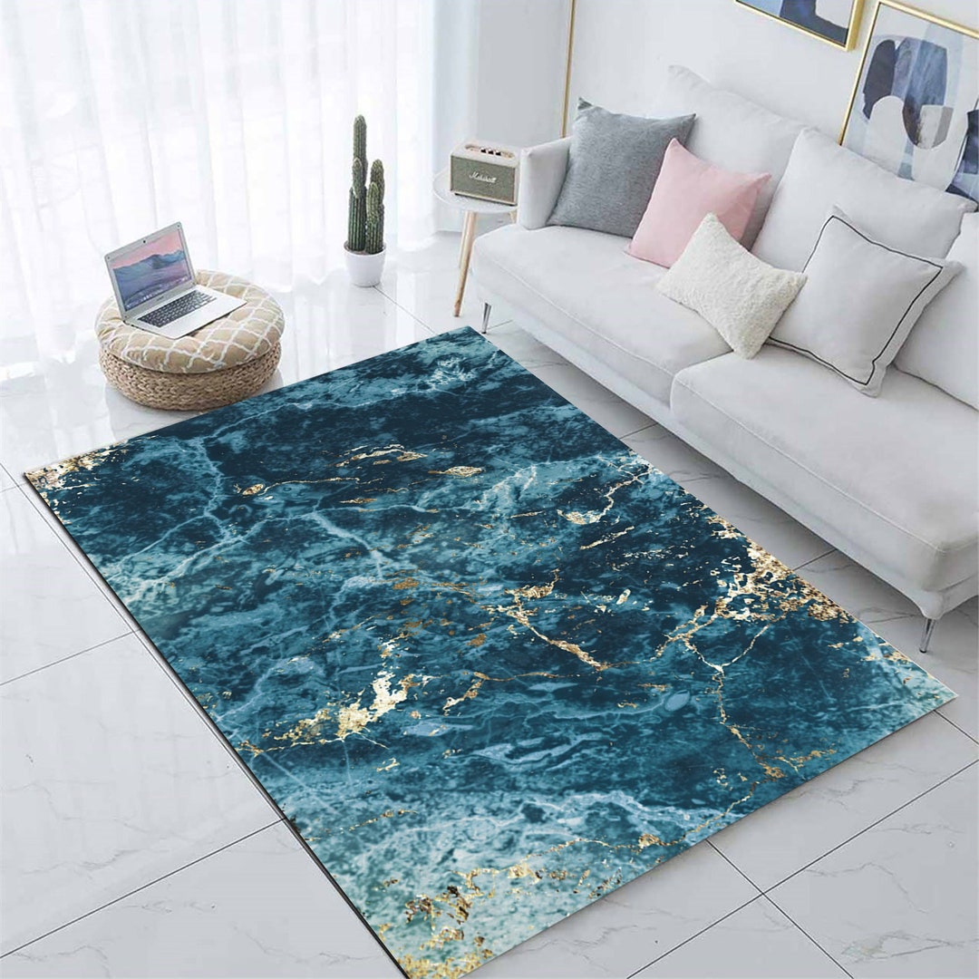 Blue Gold Marble, Royal Blue Marble Area Rug, Abstract Floor Mat, Home ...