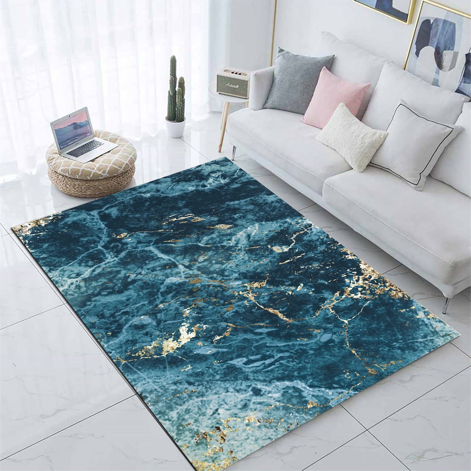 Blue Gold Marble Royal Blue Marble Area Rug Abstract Floor - Etsy