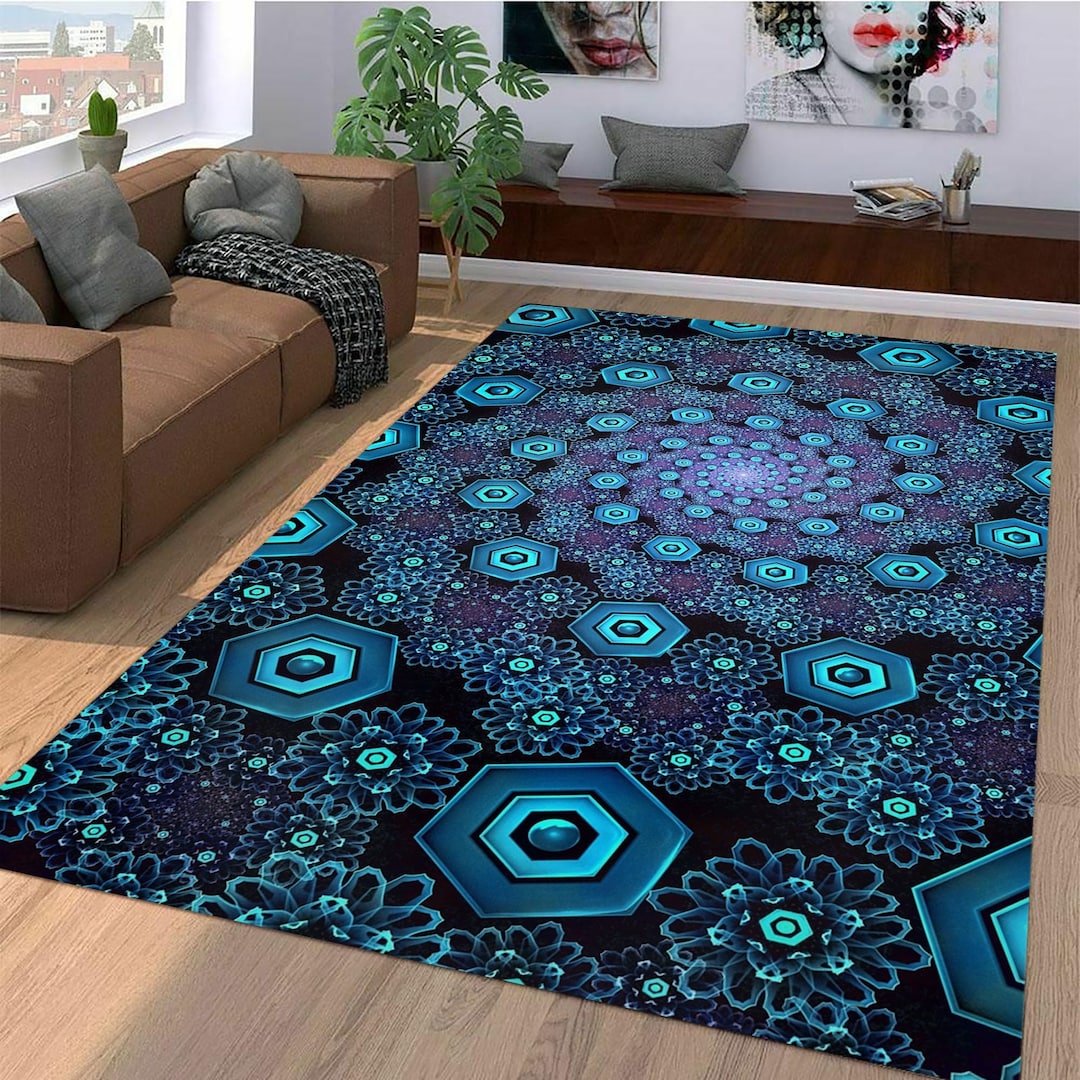 Teal, Blue and Purple Flower Mandala, Arts Mandala Area Rug, Multicolor ...