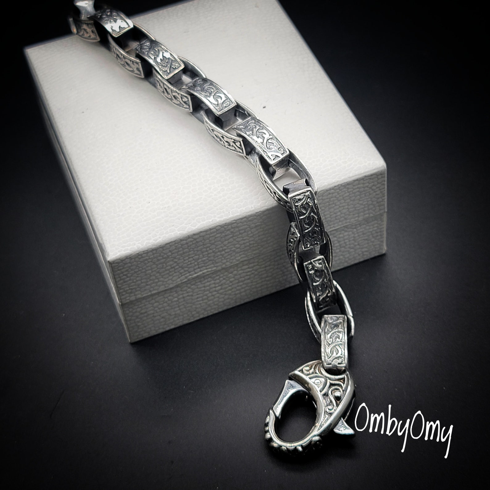 Greek Engraving Rectangular Link 925 Sterling Silver Men's - Etsy