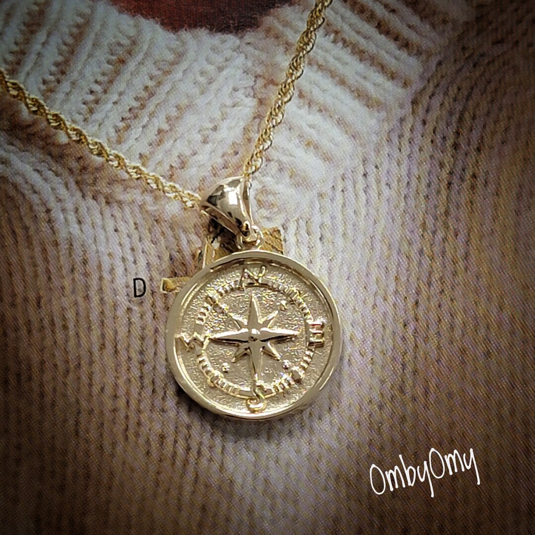 14K Gold Nautical Compass Pendant, Compass Pendant, Navigation Compass ...