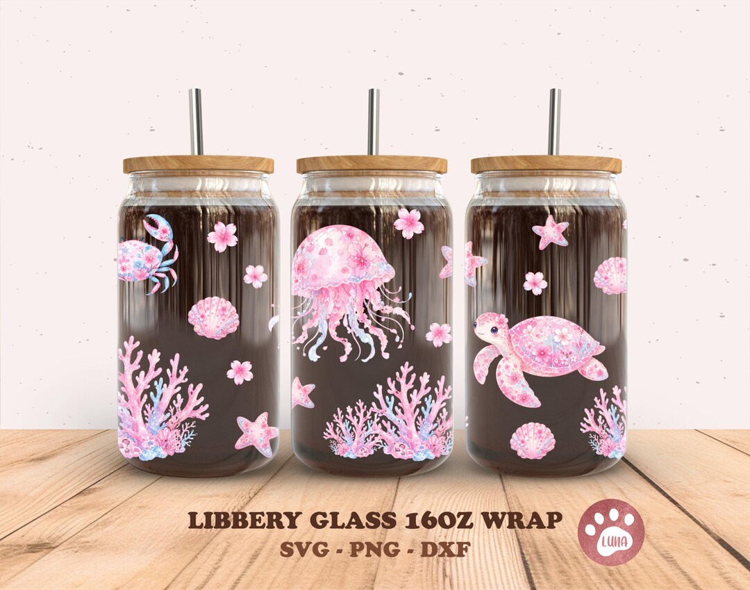 Coquette Underwater Sakura Glass Can Wrap Sealife Glass Wrap 16oz ...