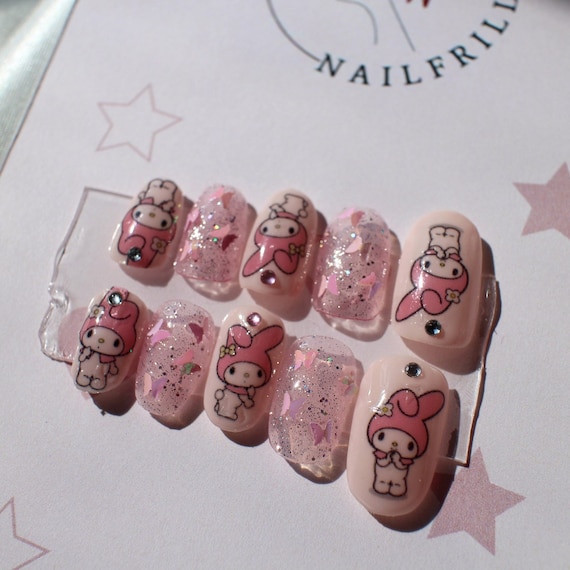 My Melody Nails Sanrio Pink Nails Press On Nails Set Etsy