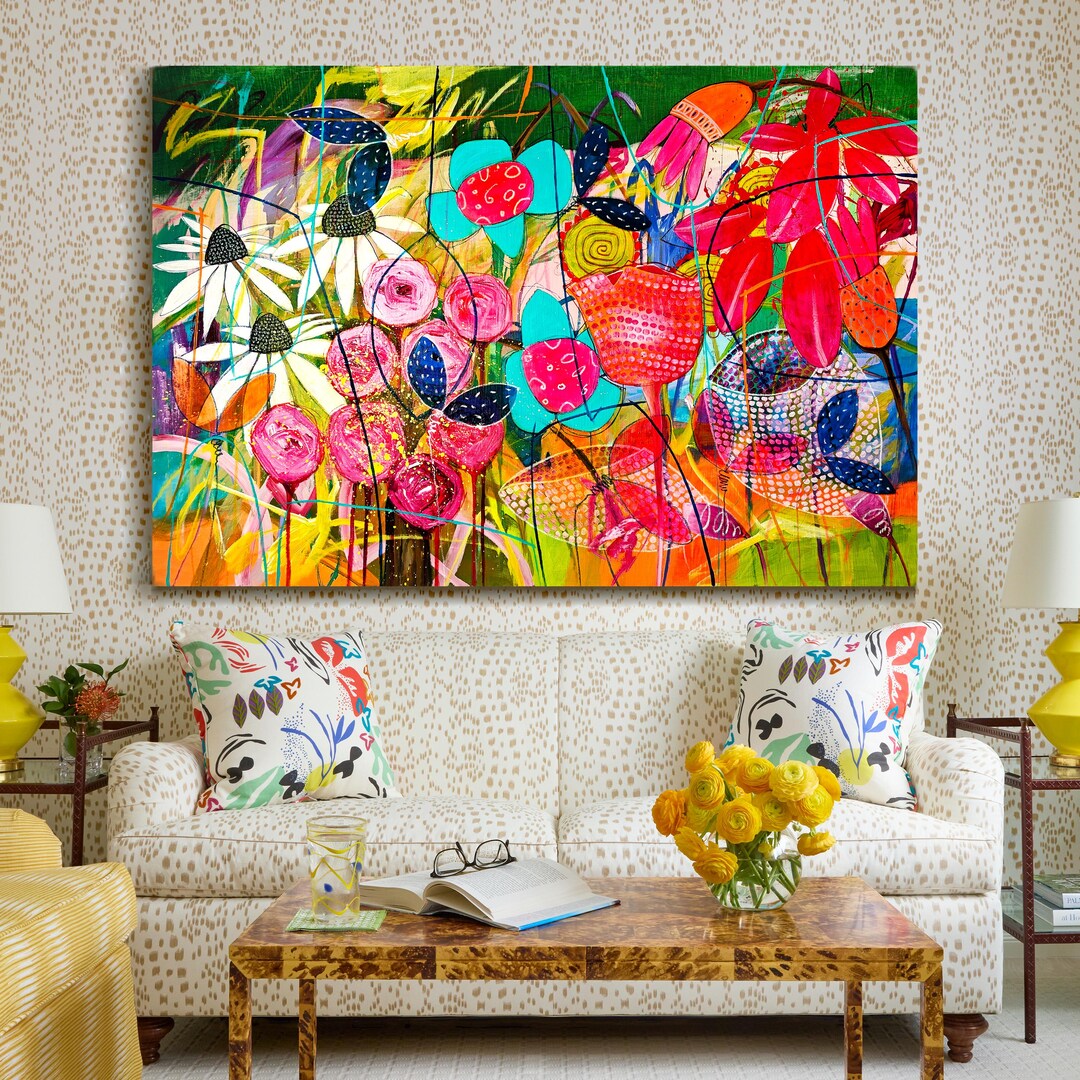Abstract Flower Painting on Canvas: Modern Vibrant Wall Art, Stretched ...