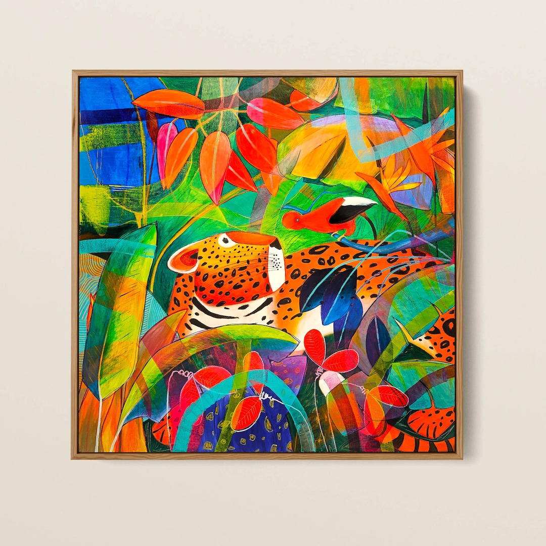 Original Acrylic Painting: Jaguar and Peruvian Bird, Abstract Jungle ...