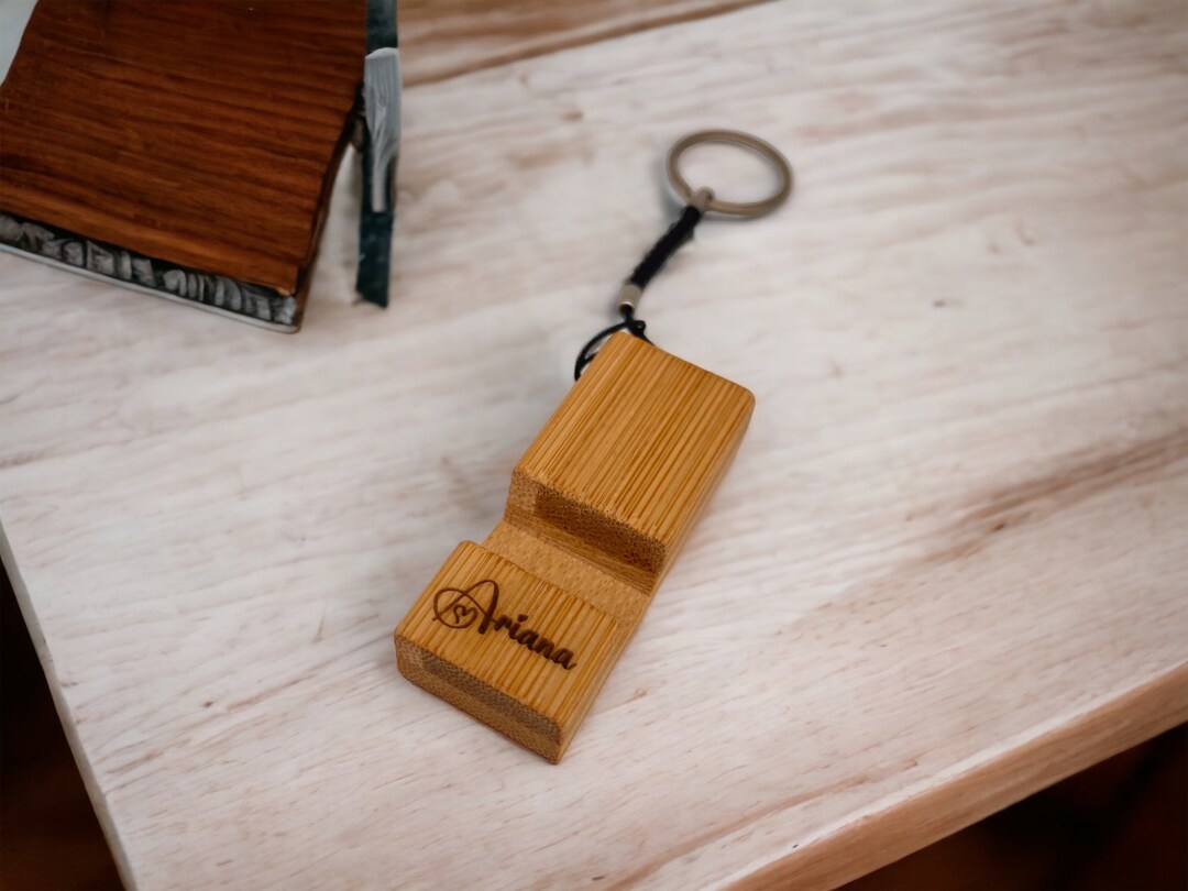 Engraved Bamboo Phone Holder Keyring Wood Keyring Birthday - Etsy