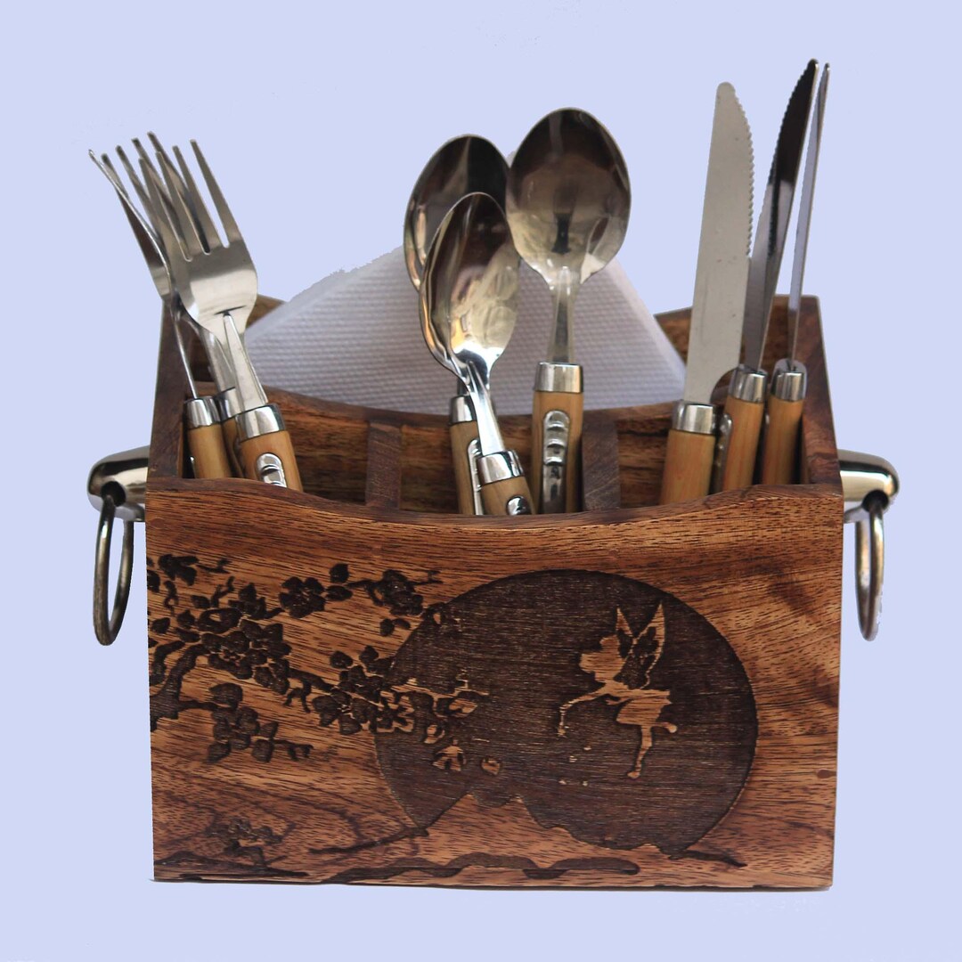 Premium Wooden Cutlery Caddy With Artistic Metal Handle — Spoon Stand ...