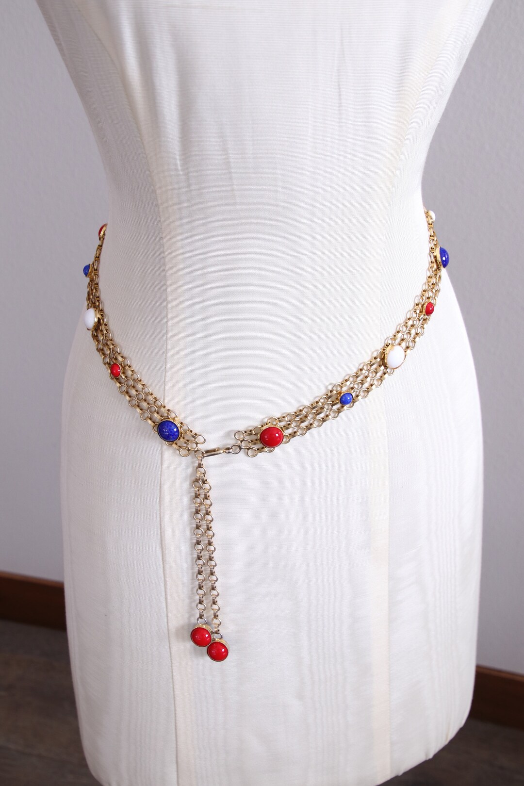 Vintage 1970's Gold Tone Chain Link Belt With Red, White & Blue Lucite ...