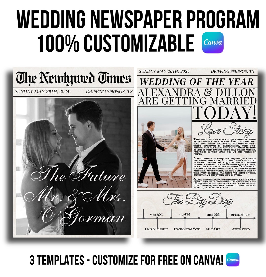 Newspaper Wedding Template, Editable Wedding Newspaper Program ...
