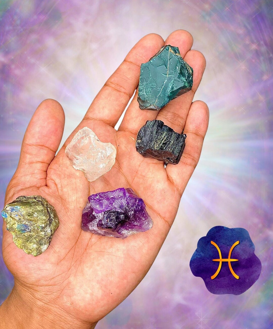 Pisces - Zodiac Sign - Rough/raw Healing Crystals - Set of 5 - 1"-2" Amethyst, Clear Quartz ...