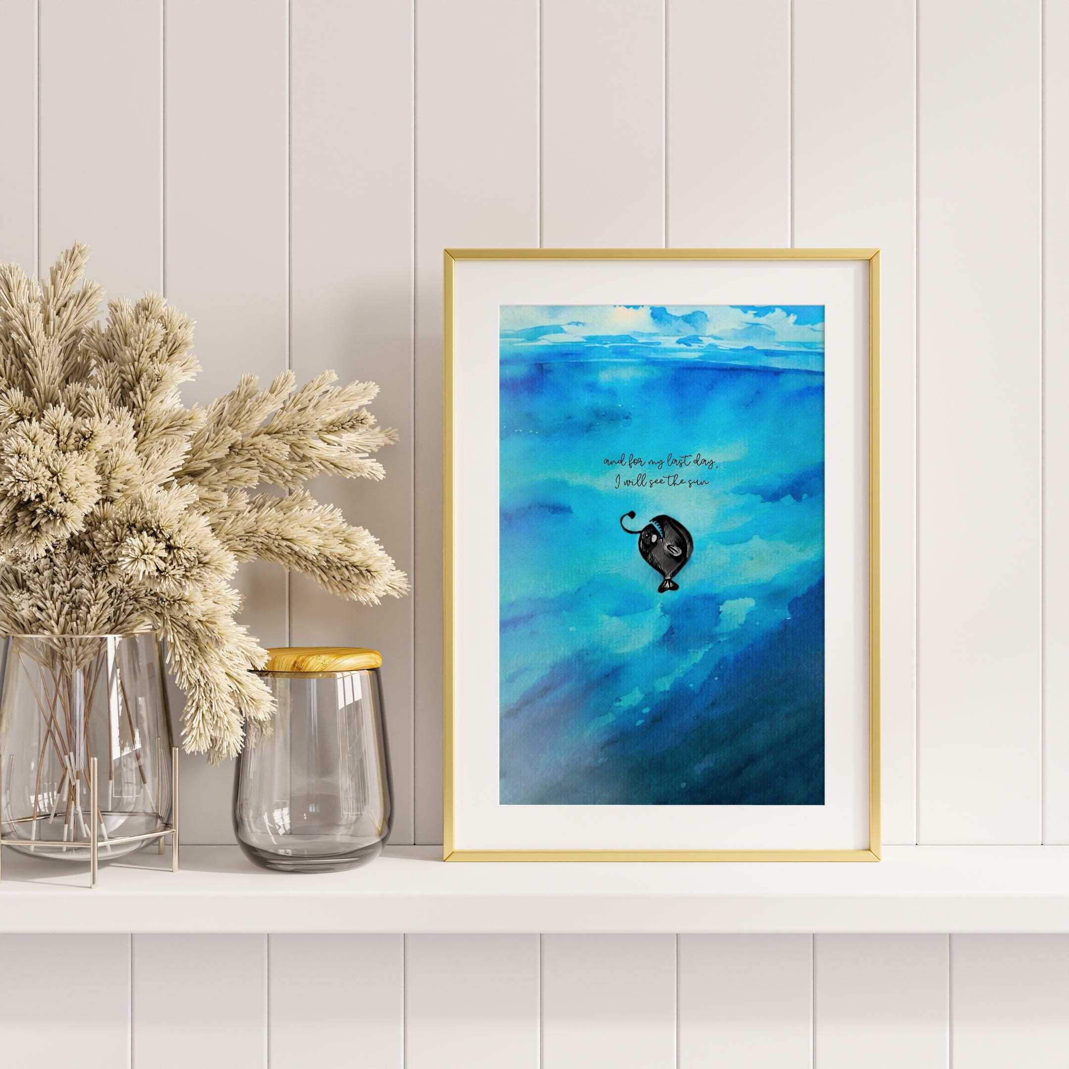 Angler Fish Wall Art, Black Seadevil Ocean Watercolor, Inspirational ...