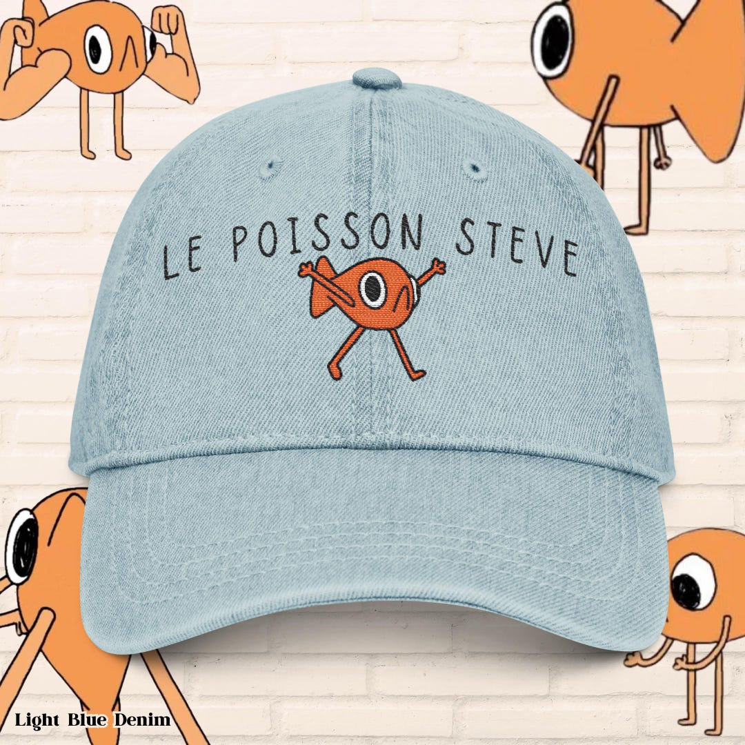 Le Poisson Steve Hat, Embroidered Funny Le Poisson Steve Blue Denim Dad ...