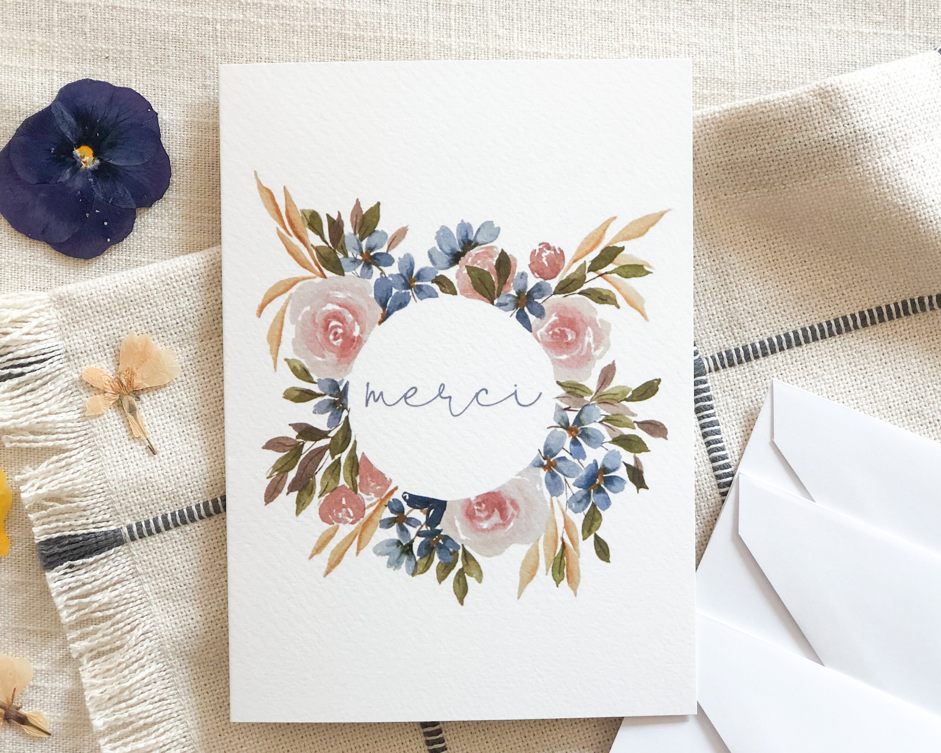 Thank You Card, Merci Greeting Card, Watercolor Floral Card, Pink ...
