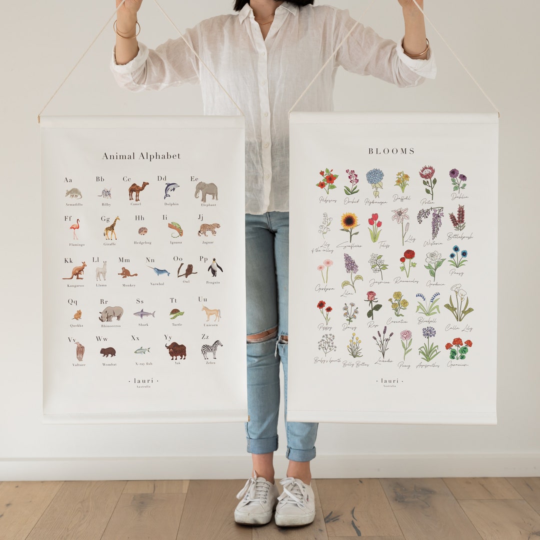 Vegan Leather Poster for Kids Nursery, Blooms Flower or Animal Alphabet ...