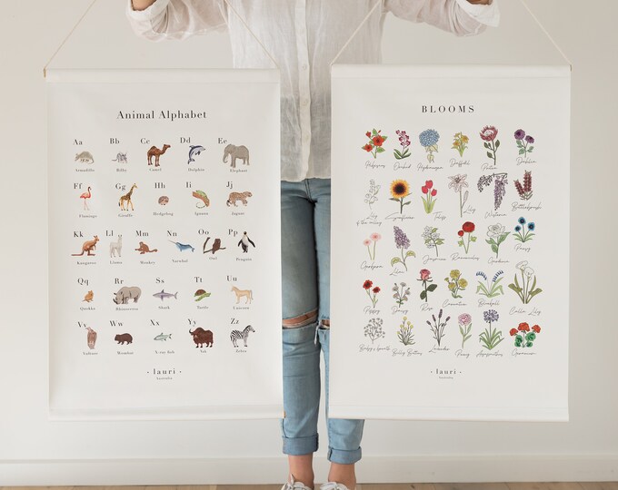 Vegan Leather Poster for Kids Nursery, Blooms Flower or Animal Alphabet ...