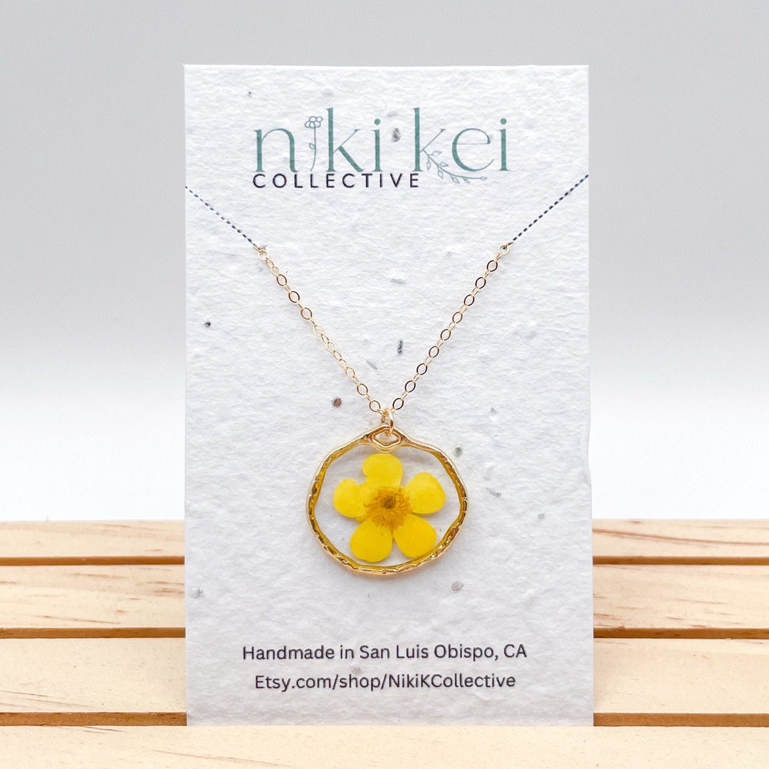 Real Pressed Buttercup Flower Dainty Necklace on 14k Gold Filled Chain ...