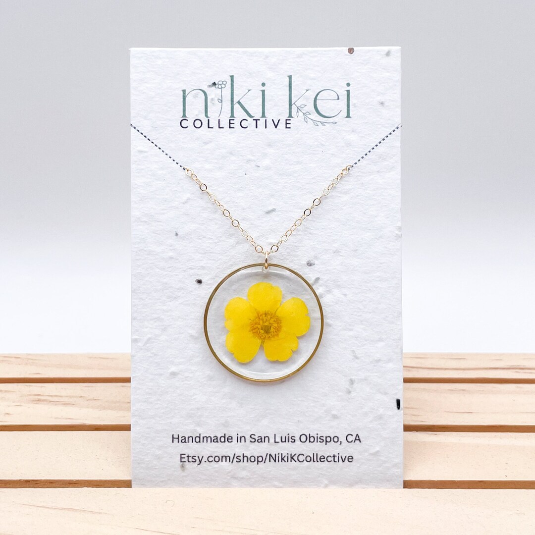 Real Pressed Buttercup Flower Circle Necklace on 14k Gold Filled Chain ...