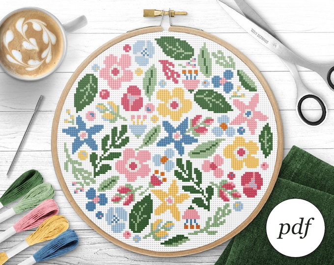 Floral Cross Stitch Pattern, Instant Download PDF, Counted Cross Stitch ...