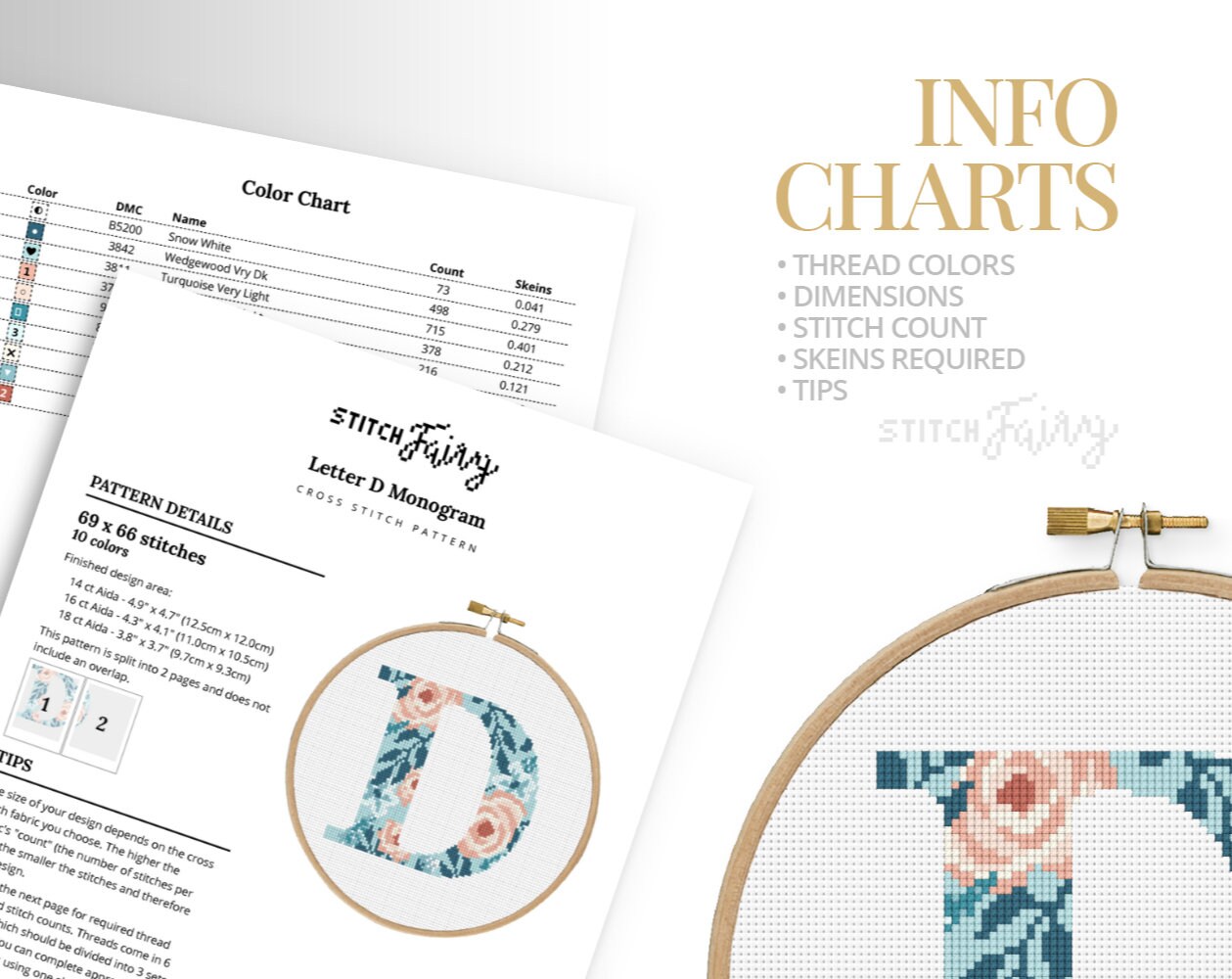 Letter D Monogram Cross Stitch Pattern, Instant Download PDF, Counted ...