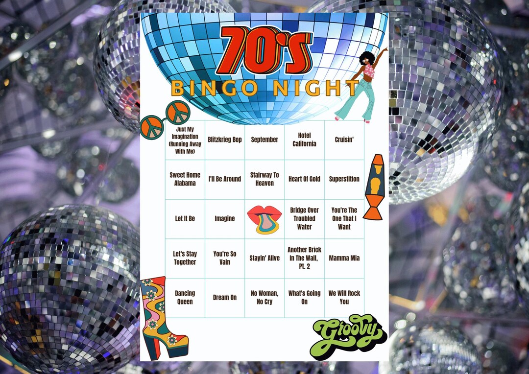 1970s Music Bingo, Musical Bingo, Elton John, Donna Summer, Disco, Fun ...