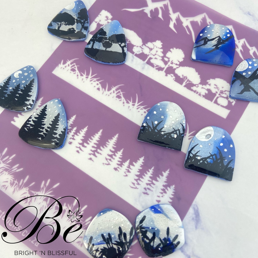 Tree Silhouette Mountain Field | Polymer Clay Silk Screen Stencil ...