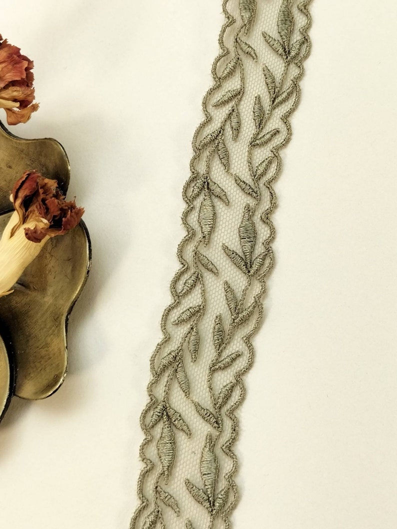 3 Metres, 19mm Wide Sage Embroidered Leaves Tulle Lace Trim With ...