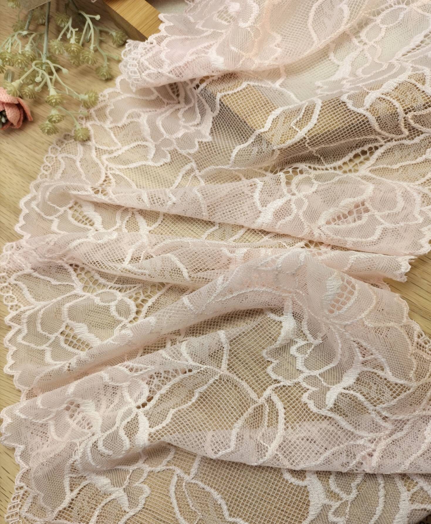 1 Metre, 200mm 7.9 Wide Soft Light Pink Lace Elastic Trim, Stretch Lace ...