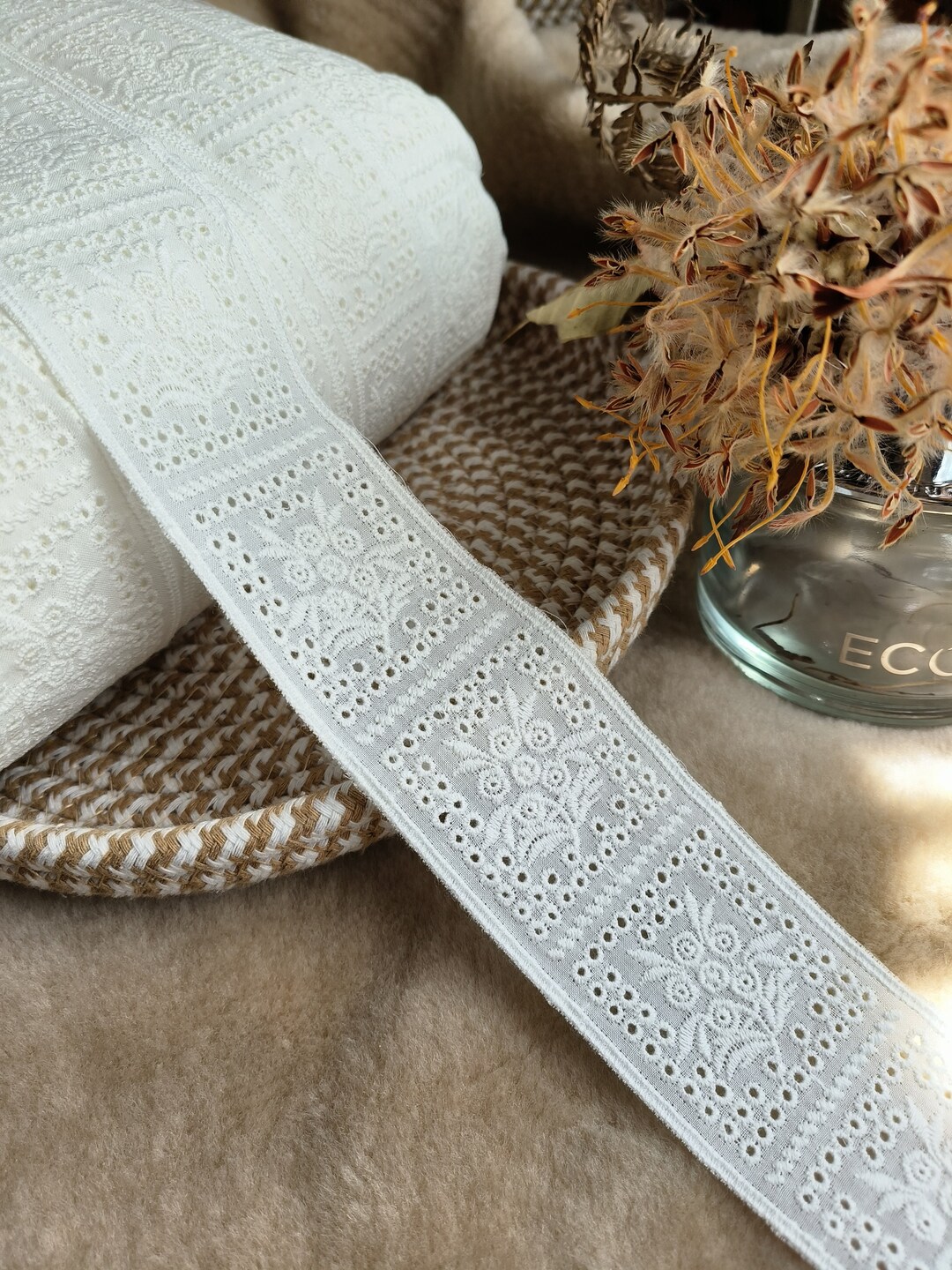 1 Metre, 51mm Wide White Cotton Lace Trim With Double Straight-edge ...