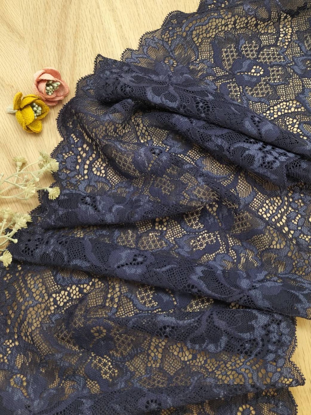 1 Metre, 200mm (7.9") Wide Soft Dark Blue Lace Elastic Trim, Stretch ...