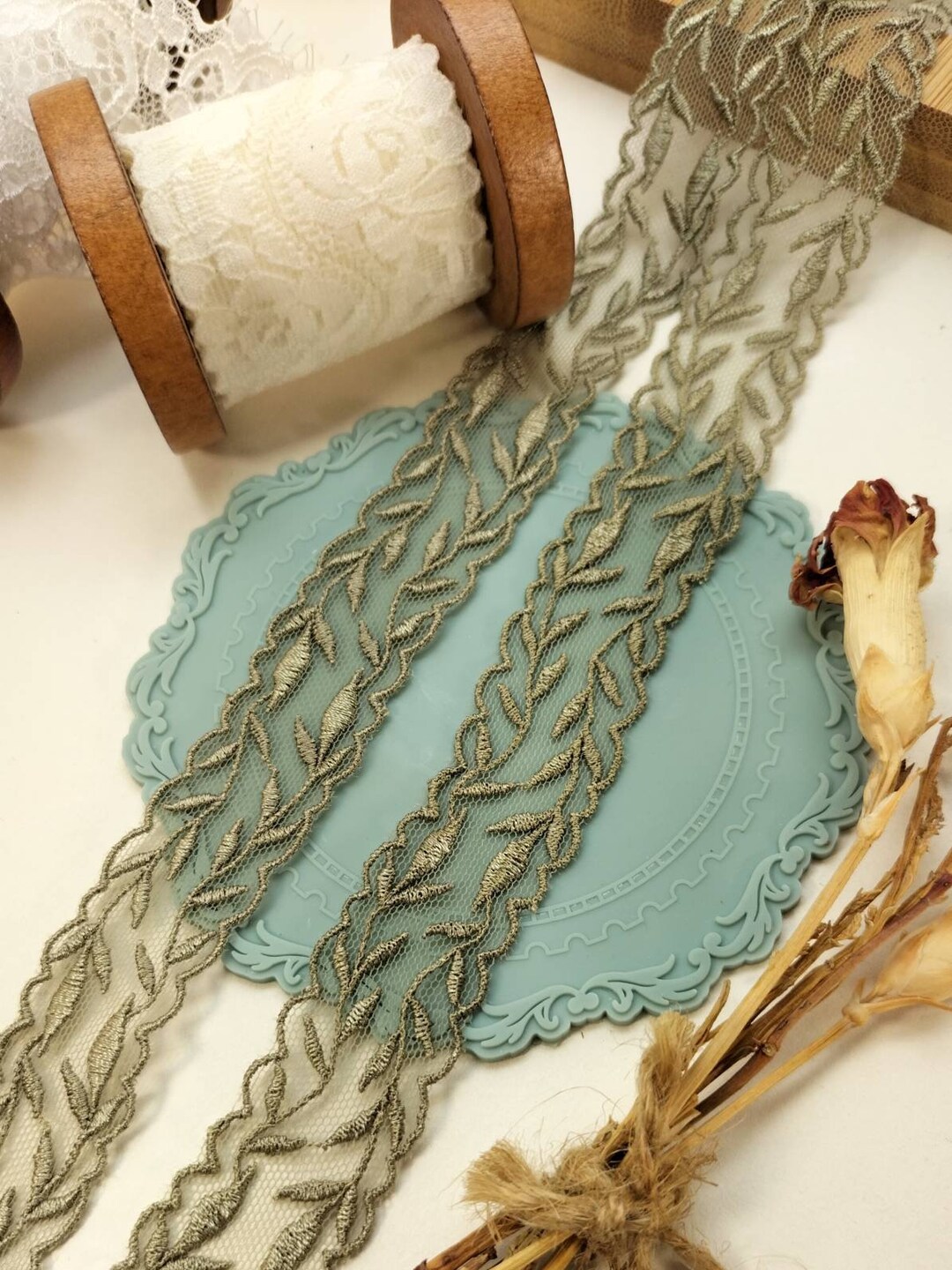 3 Metres, 19mm Wide Sage Embroidered Leaves Tulle Lace Trim With ...