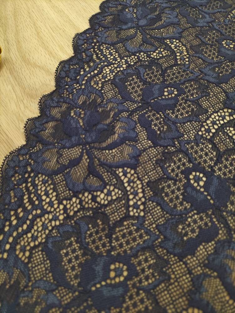 1 Metre, 200mm (7.9") Wide Soft Dark Blue Lace Elastic Trim, Stretch ...