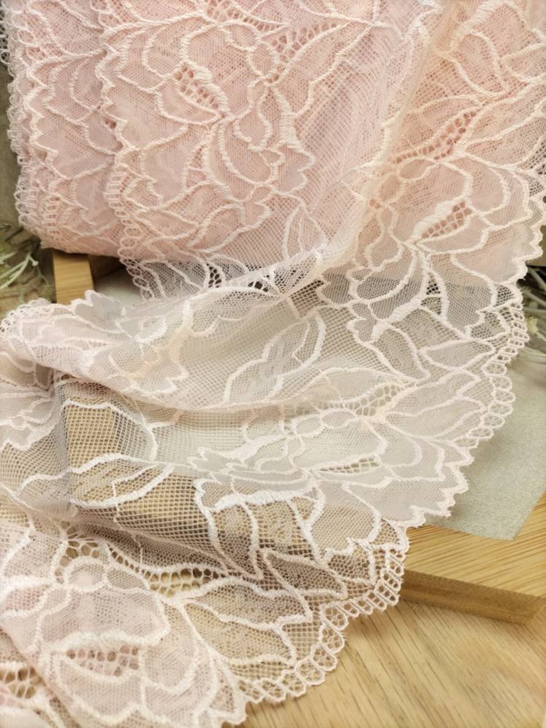 1 Metre, 200mm (7.9") Wide Soft Light Pink Lace Elastic Trim, Stretch ...