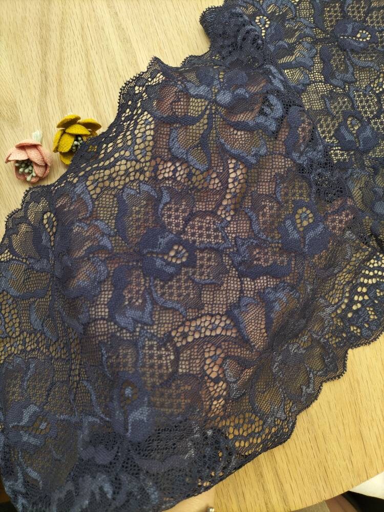 1 Metre, 200mm (7.9") Wide Soft Dark Blue Lace Elastic Trim, Stretch ...