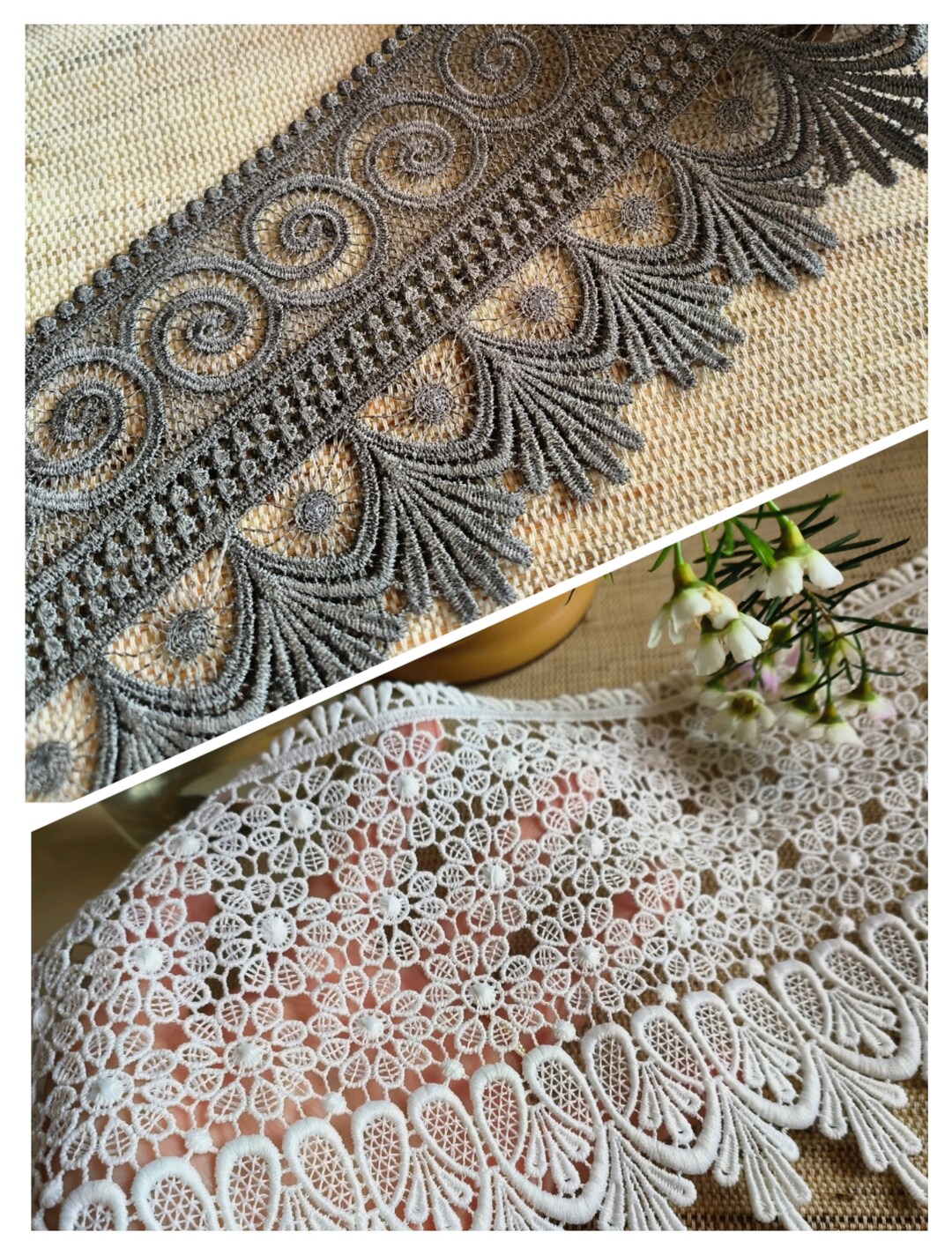 1 Metre, 16/9cm Wide White/dark Grey Lace Trim, Dress Edge, Doll ...