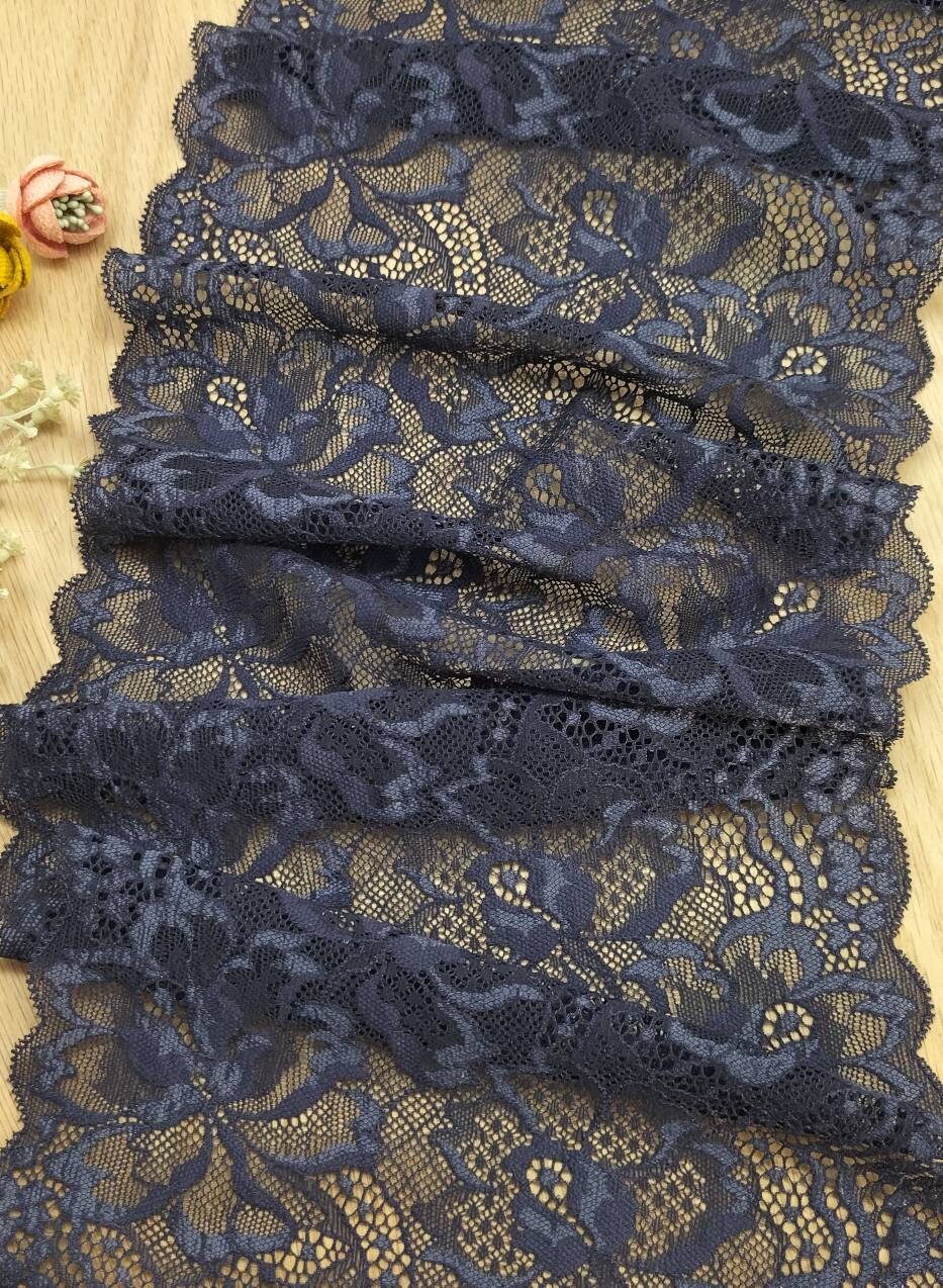 1 Metre, 200mm (7.9") Wide Soft Dark Blue Lace Elastic Trim, Stretch ...