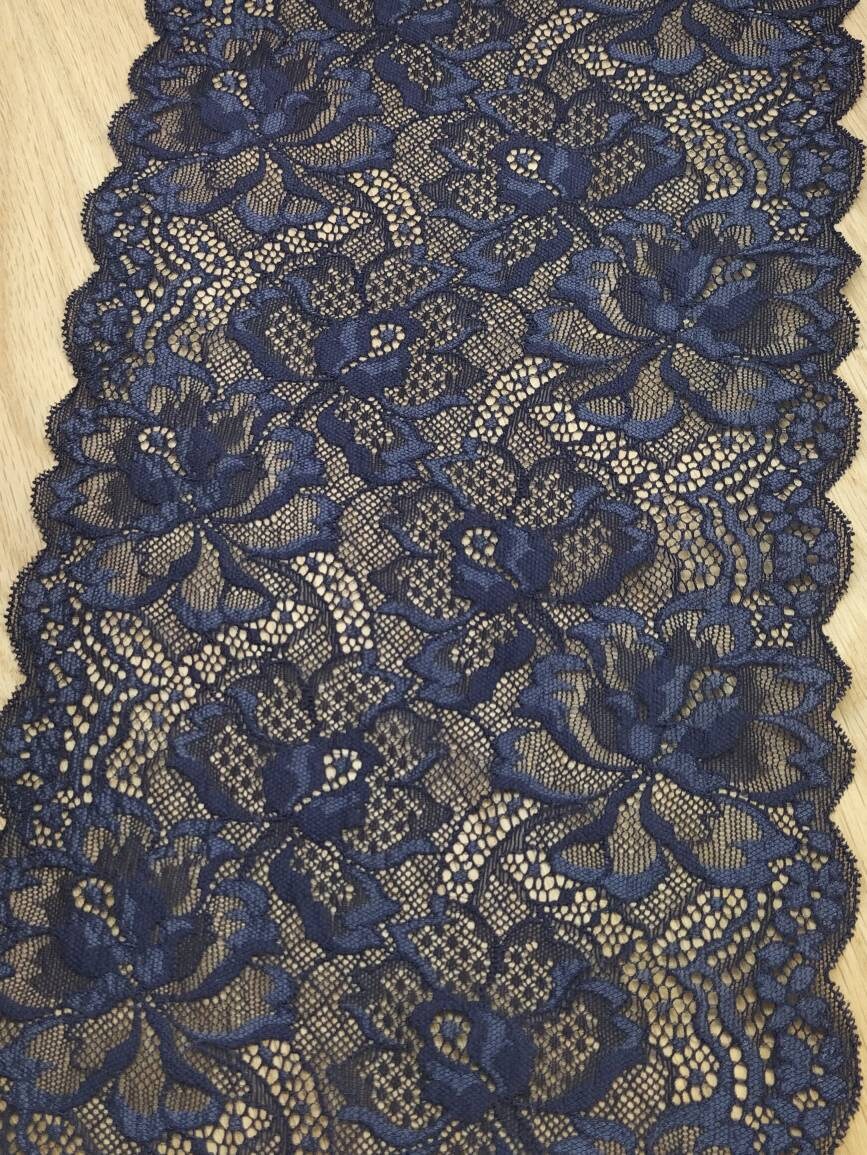1 Metre, 200mm (7.9") Wide Soft Dark Blue Lace Elastic Trim, Stretch ...