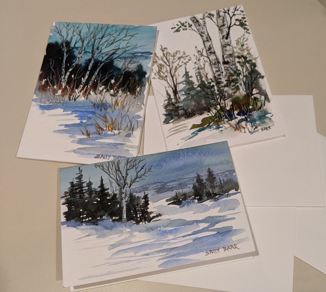 3 Hand Painted Note Cards / Greeting Cards With Envelopes - White Birch ...