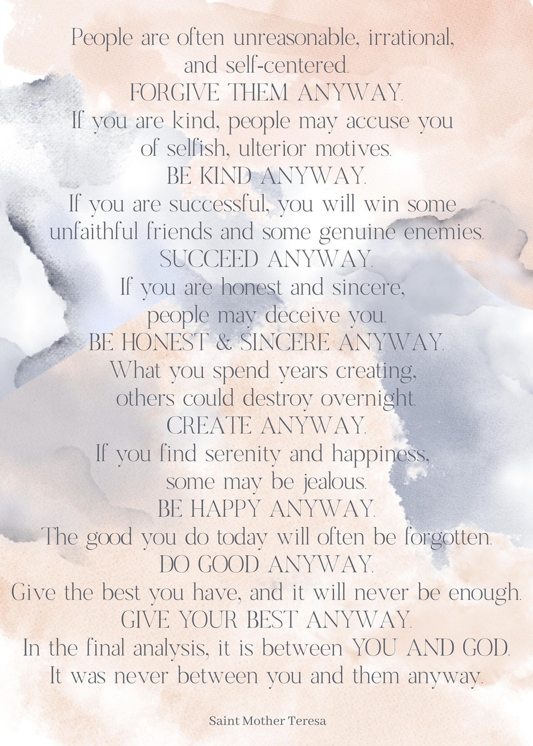 Saint Mother Teresa, "do It Anyway," Poem - Digital Download File - Etsy