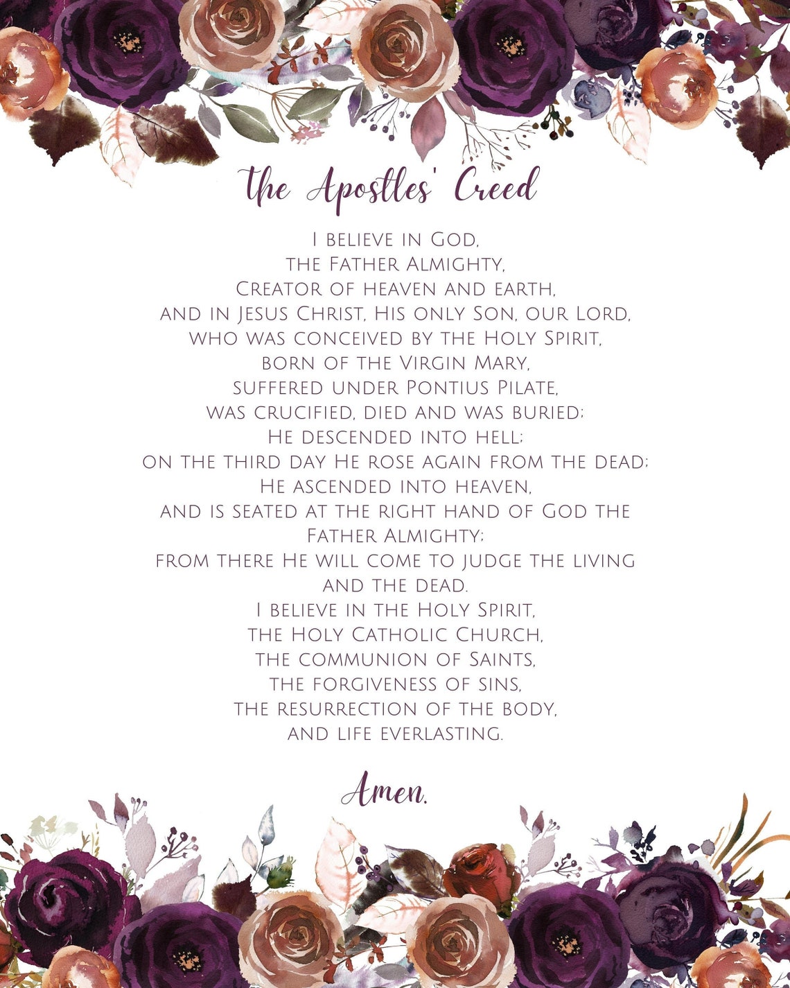 Apostle's Creed Prayer, Fall Floral, Catholic Prayer Digital File ...