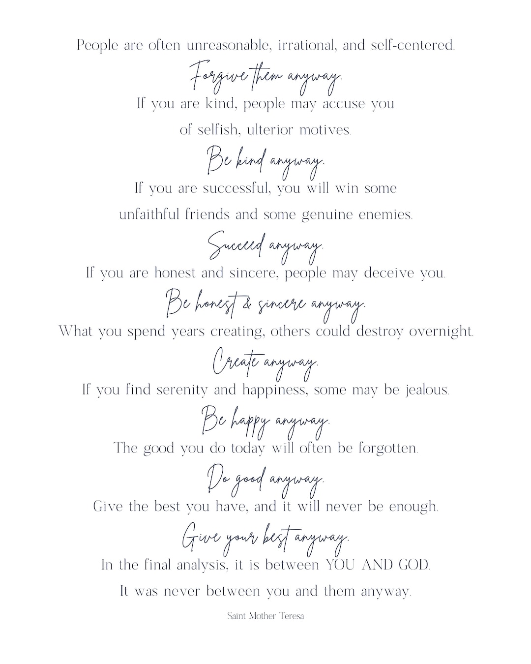 Saint Mother Teresa, "do It Anyway," Poem - Digital Download File - Etsy