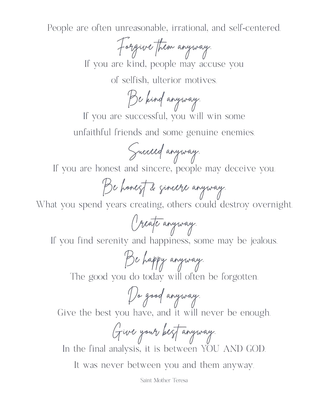 Saint Mother Teresa, "do It Anyway," Poem - Digital Download File - Etsy