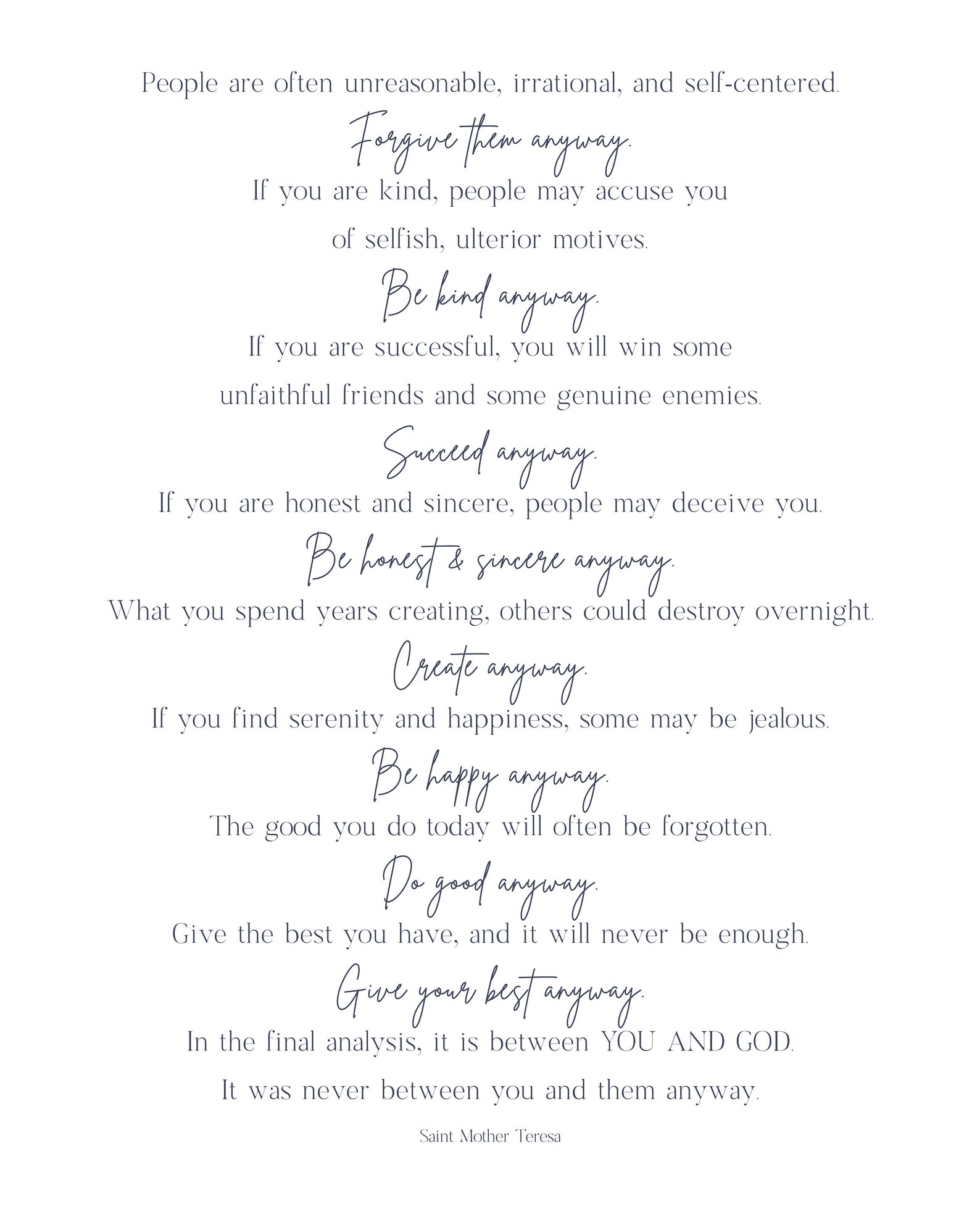 Saint Mother Teresa, "do It Anyway," Poem - Digital Download File - Etsy