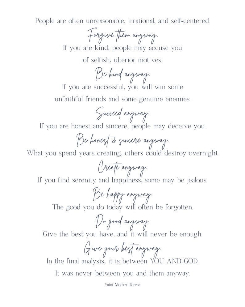 Saint Mother Teresa, "do It Anyway," Poem - Digital Download File - Etsy