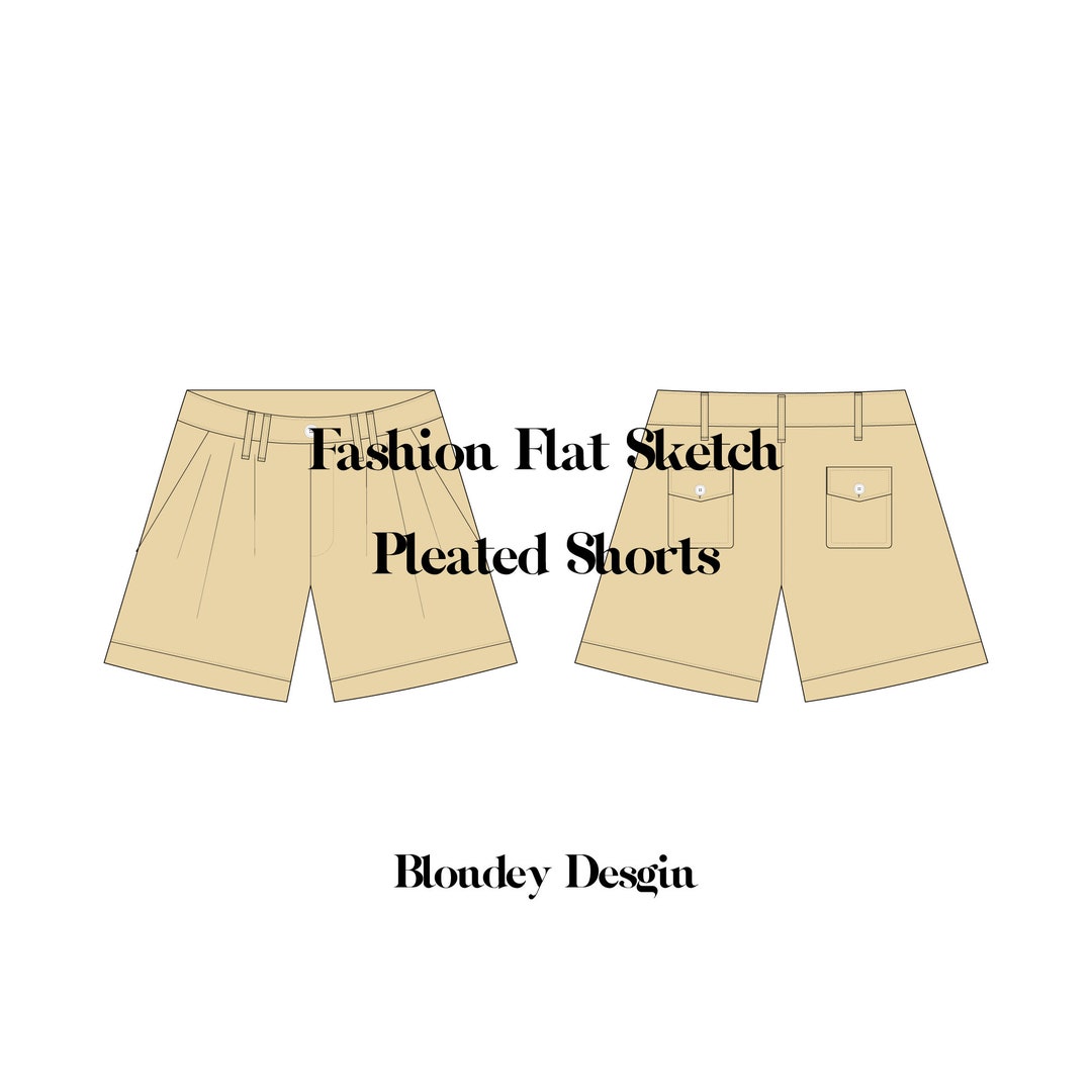Pleated Shorts Technical Drawing - Etsy