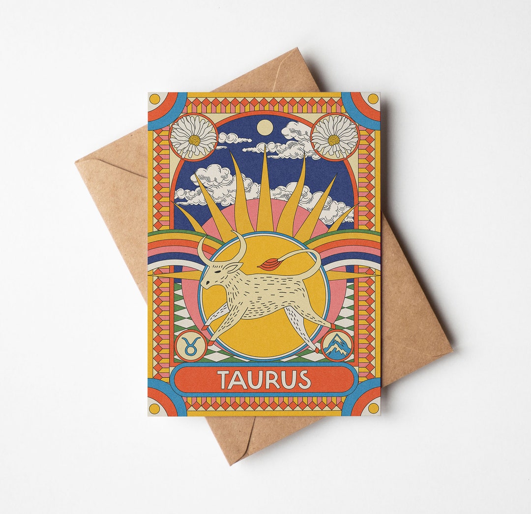 Taurus Zodiac Card: Retro Boho Starsign With Recycled Kraft Envelope - Etsy